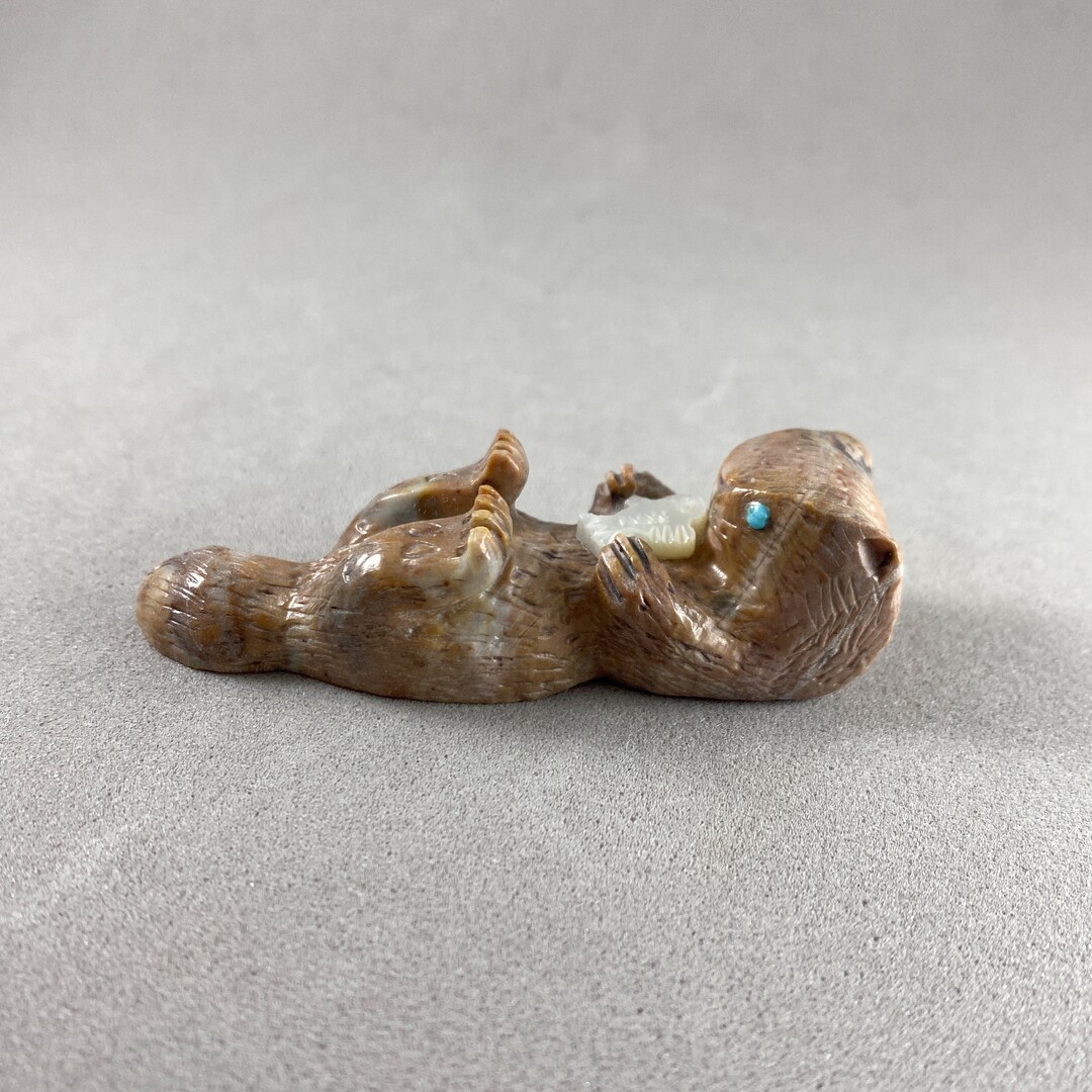 Zuni Otter Fetish, Made of Picasso Marble With Turquoise Eyes, Holding ...