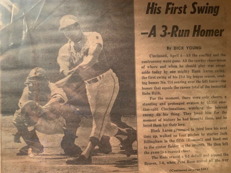 Hank Aaron Ties Babe Ruth 714 Home Runs MLB Baseball Original NY Daily ...