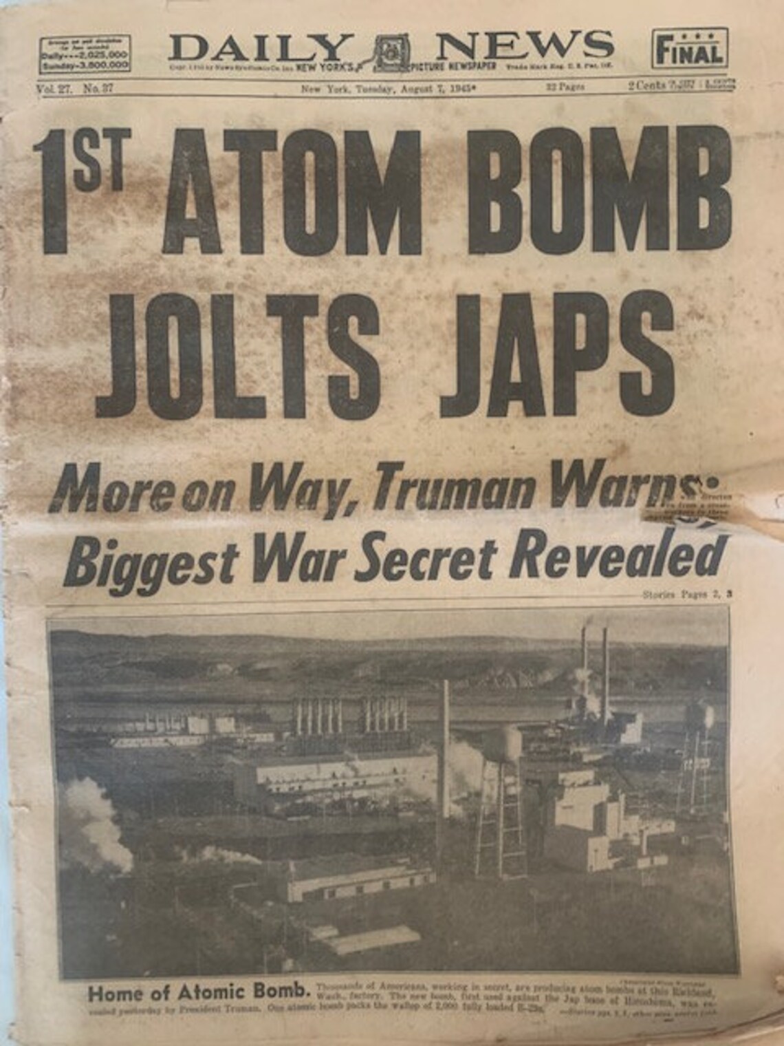 Atom Bomb WW2 Dropped on Japan Harry S. Truman 1945 NY Daily News ...