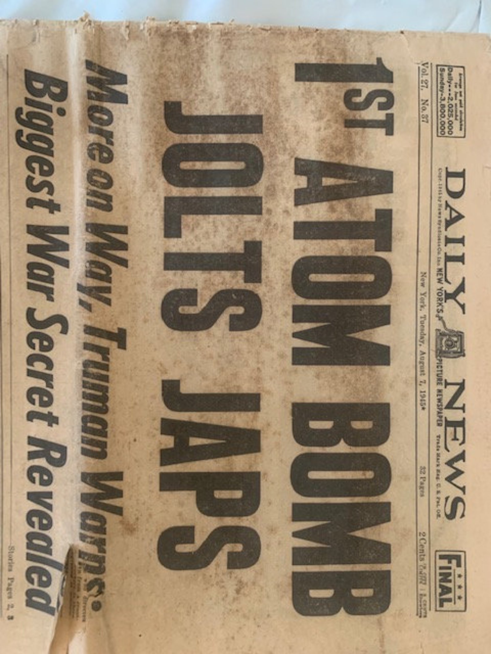 Atom Bomb WW2 Dropped on Japan Harry S. Truman 1945 NY Daily News ...