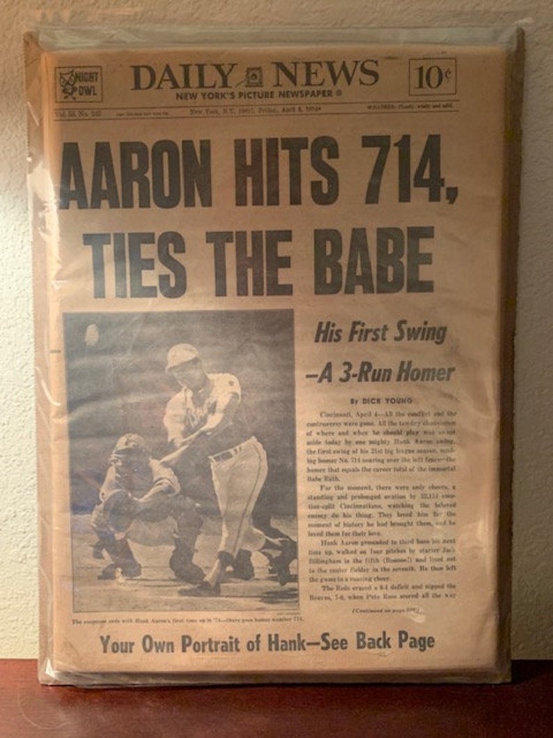 Hank Aaron Ties Babe Ruth 714 Home Runs MLB Baseball Original NY Daily ...