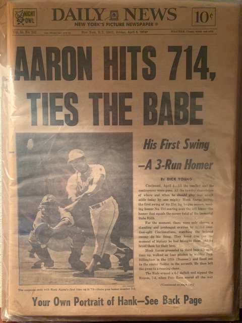 Hank Aaron Ties Babe Ruth 714 Home Runs MLB Baseball Original NY Daily ...