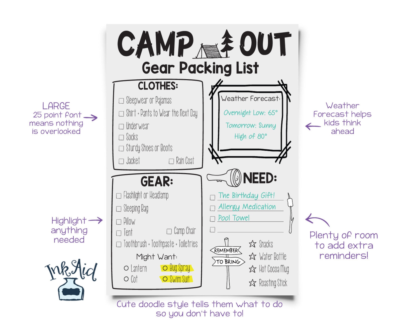 Kid's Doodle Overnight CAMP Out Packing List | PRINTABLE Full Page ...