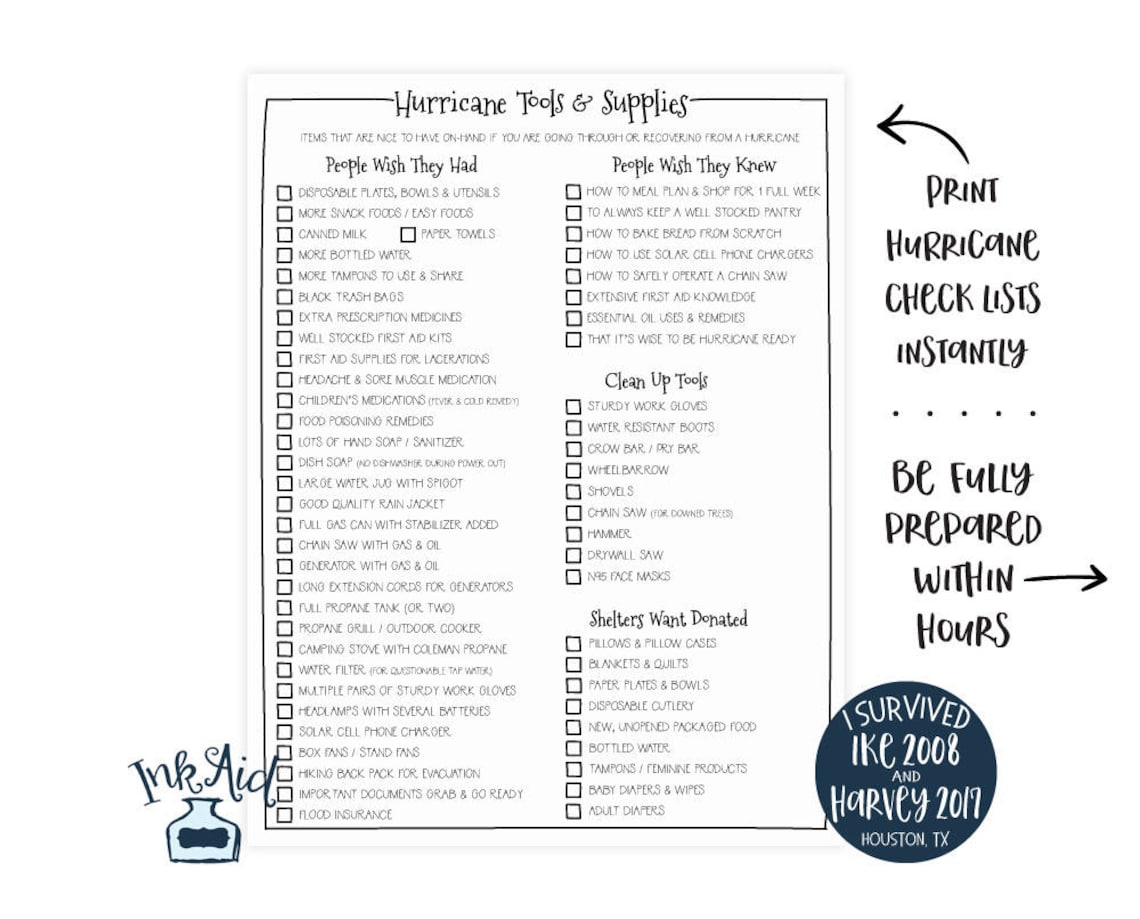 HURRICANE Prep Printable Checklists | Print Your Own Storm Preparation ...
