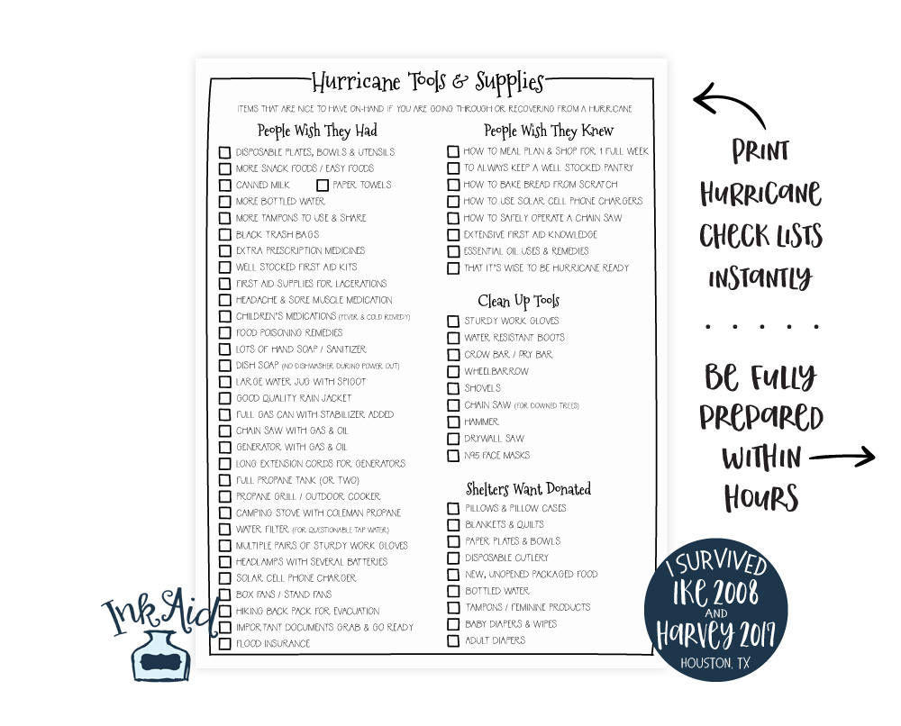 HURRICANE Prep Printable Checklists | Print Your Own Storm Preparation ...