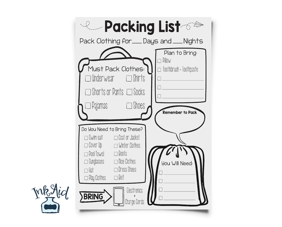 Kid's Doodle Packing List | PRINTABLE Full Page | Hand Drawn PDF File ...