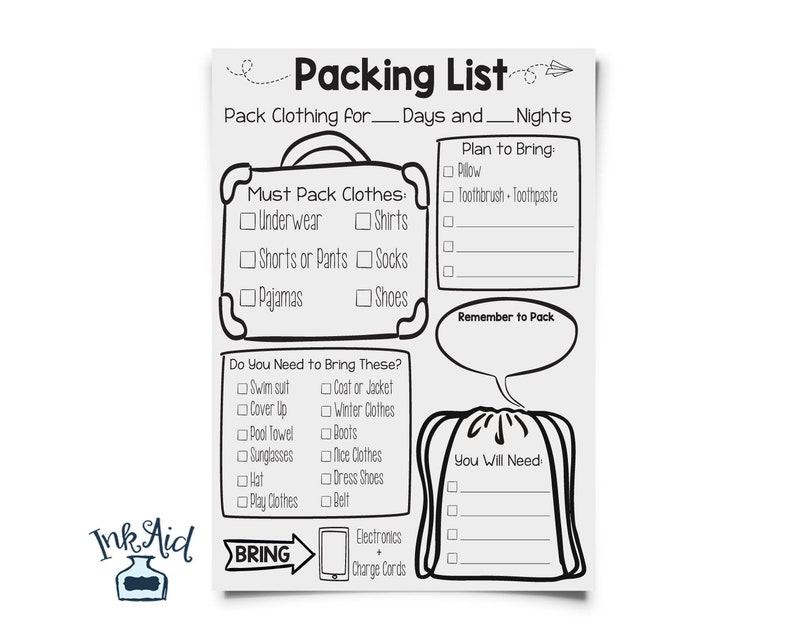 Kid's Doodle Packing List | PRINTABLE Full Page | Hand Drawn PDF File ...
