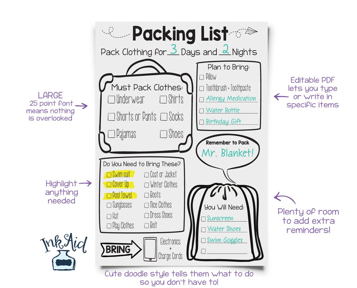 Kid's Doodle Packing List | PRINTABLE Full Page | Hand Drawn PDF File ...