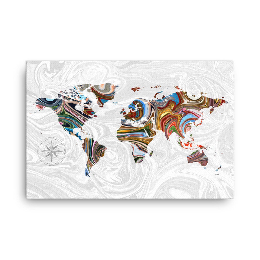 World Map Canvas • Liquid Marble Abstract Pour Painting Pattern Travel ...