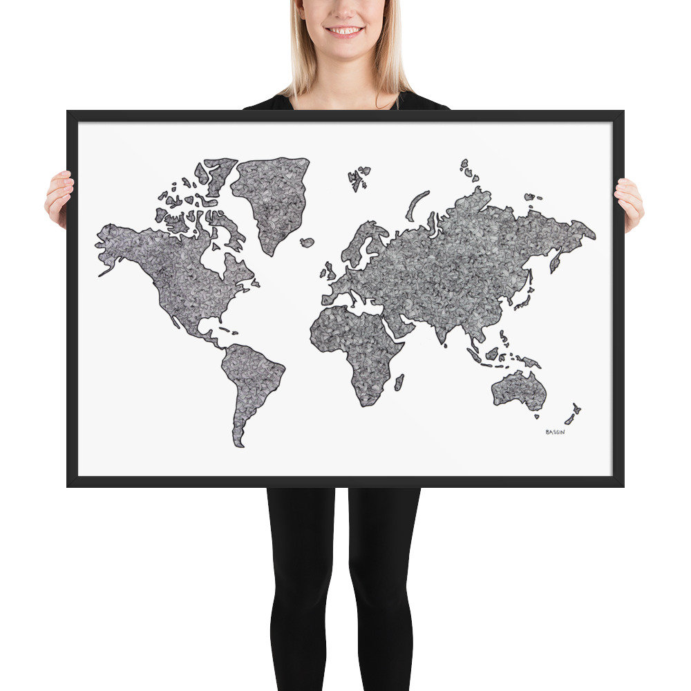 World Map Framed Poster Black and White Ink Interconnected - Etsy