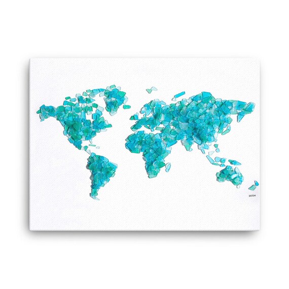 World Map Canvas Seaglass Topography | Etsy