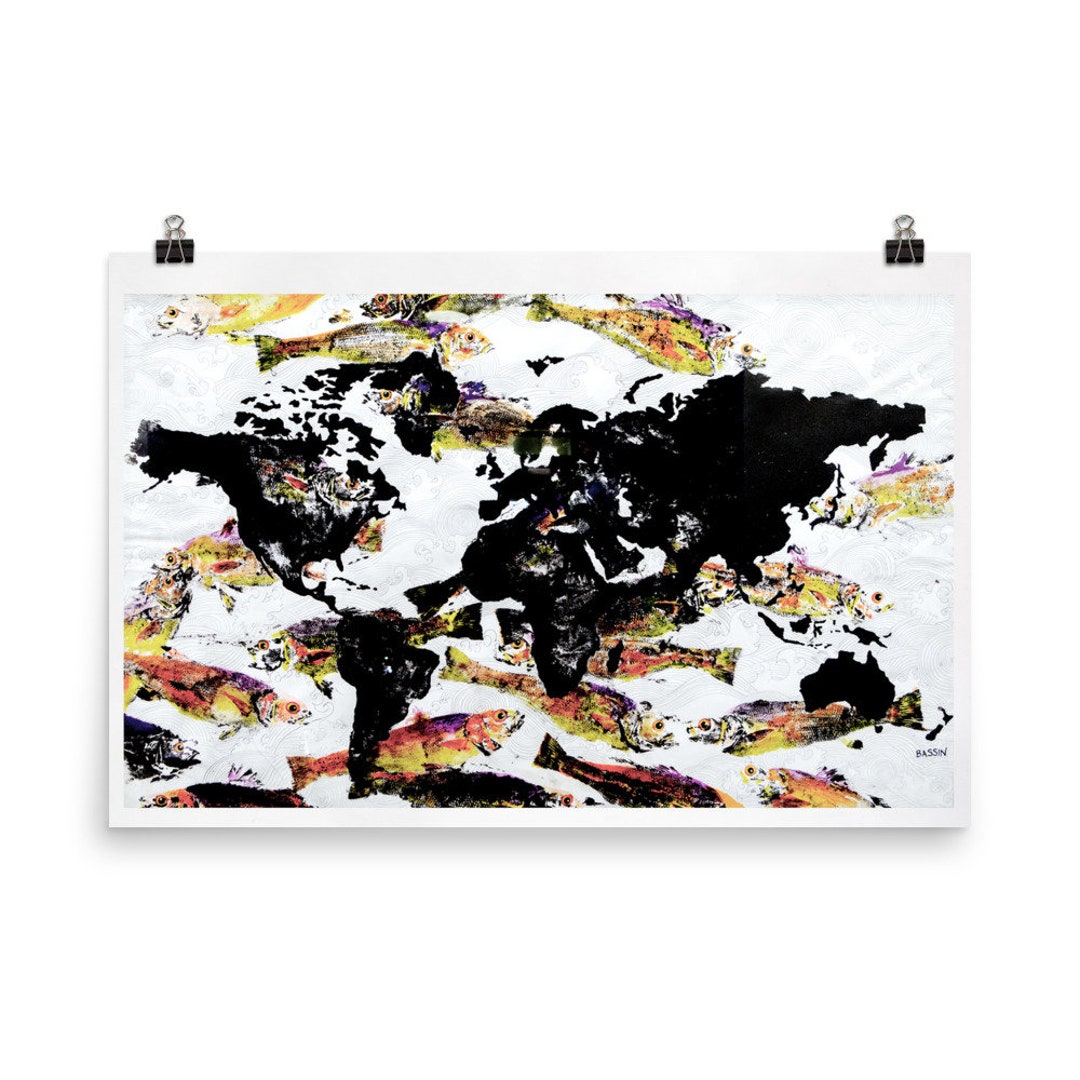 World Map Poster • Gyotaku Fish Print Mixed Media Ink and Paint - Etsy