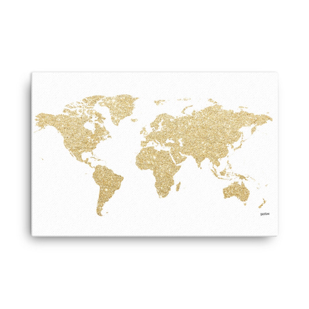 World Map Canvas • Gold Glitter on White - Etsy