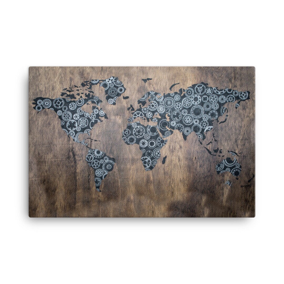 World Map Canvas • Wood and Graphite Rustic Bicycle Gear Art - Etsy
