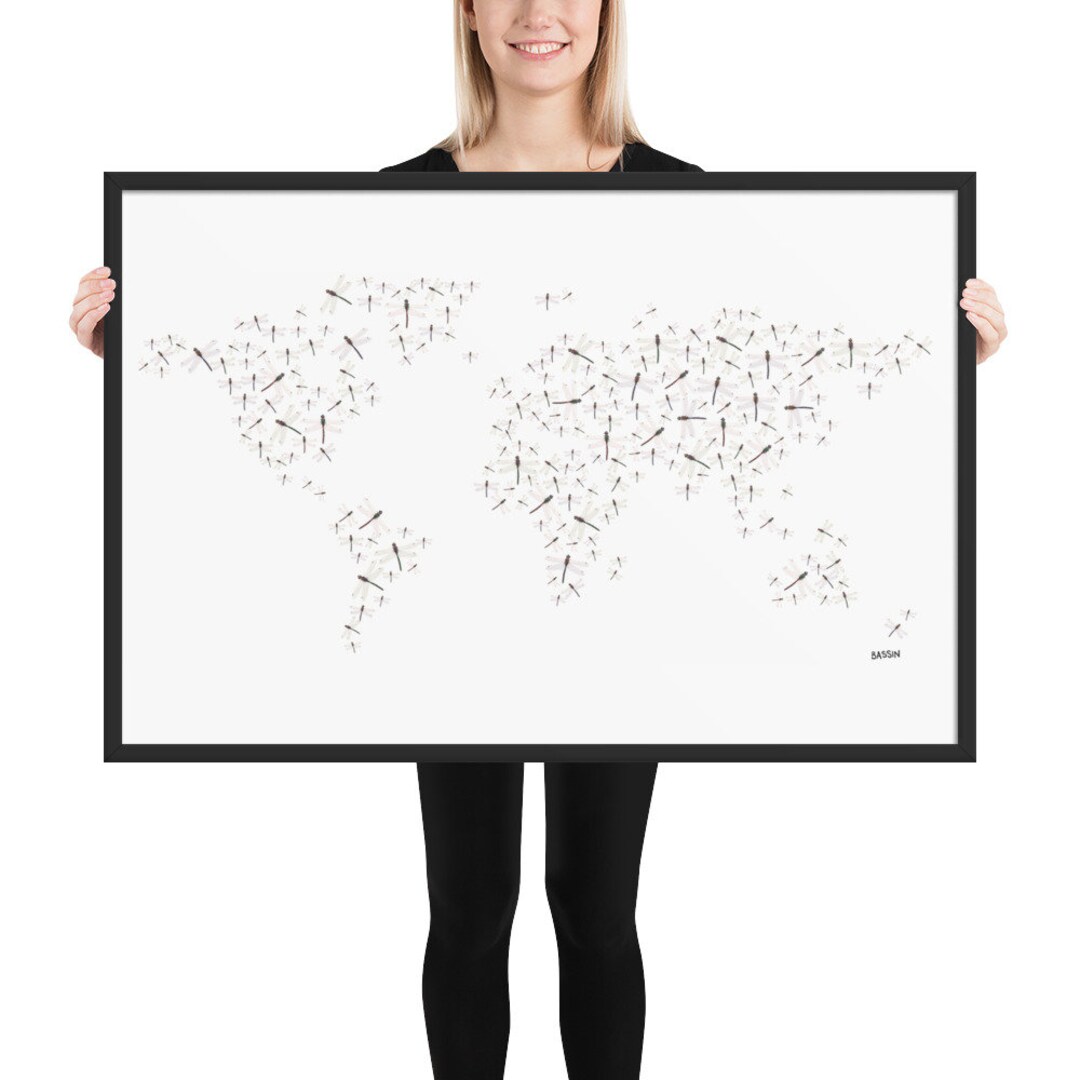 World Map Poster Framed • Dragonflies in Flight on White - Etsy