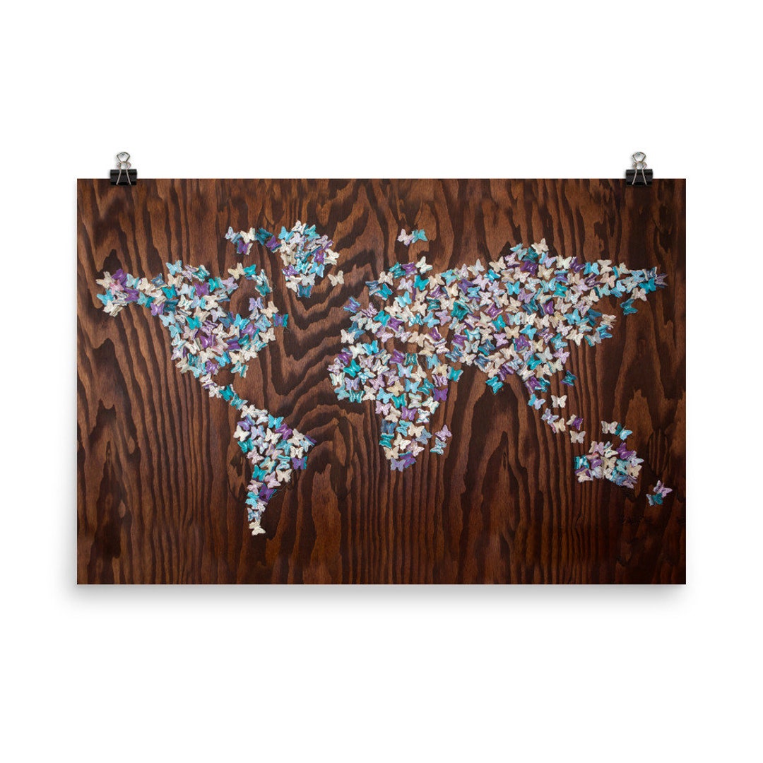 World Map Poster • Purple and Aqua Paper Butterflies on Dark Wood - Etsy
