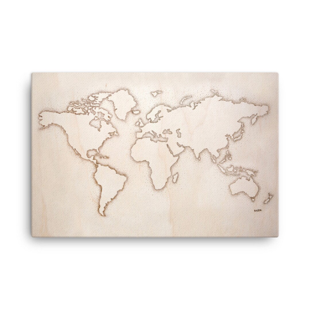 World Map Canvas • Minimalist Woodburn on Pine Wood - Etsy