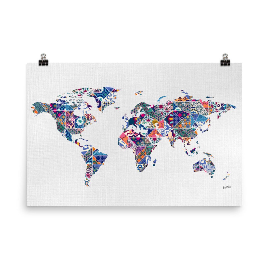 World Map Poster • Moroccan Mosaic Tile Art - Etsy