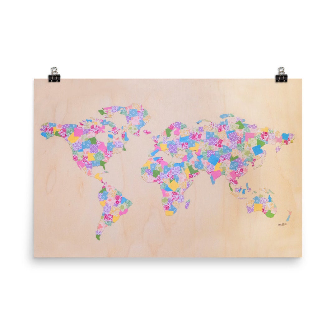World Map Poster • Pretty Pink and Pastel Paper Quilt on Light Wood - Etsy