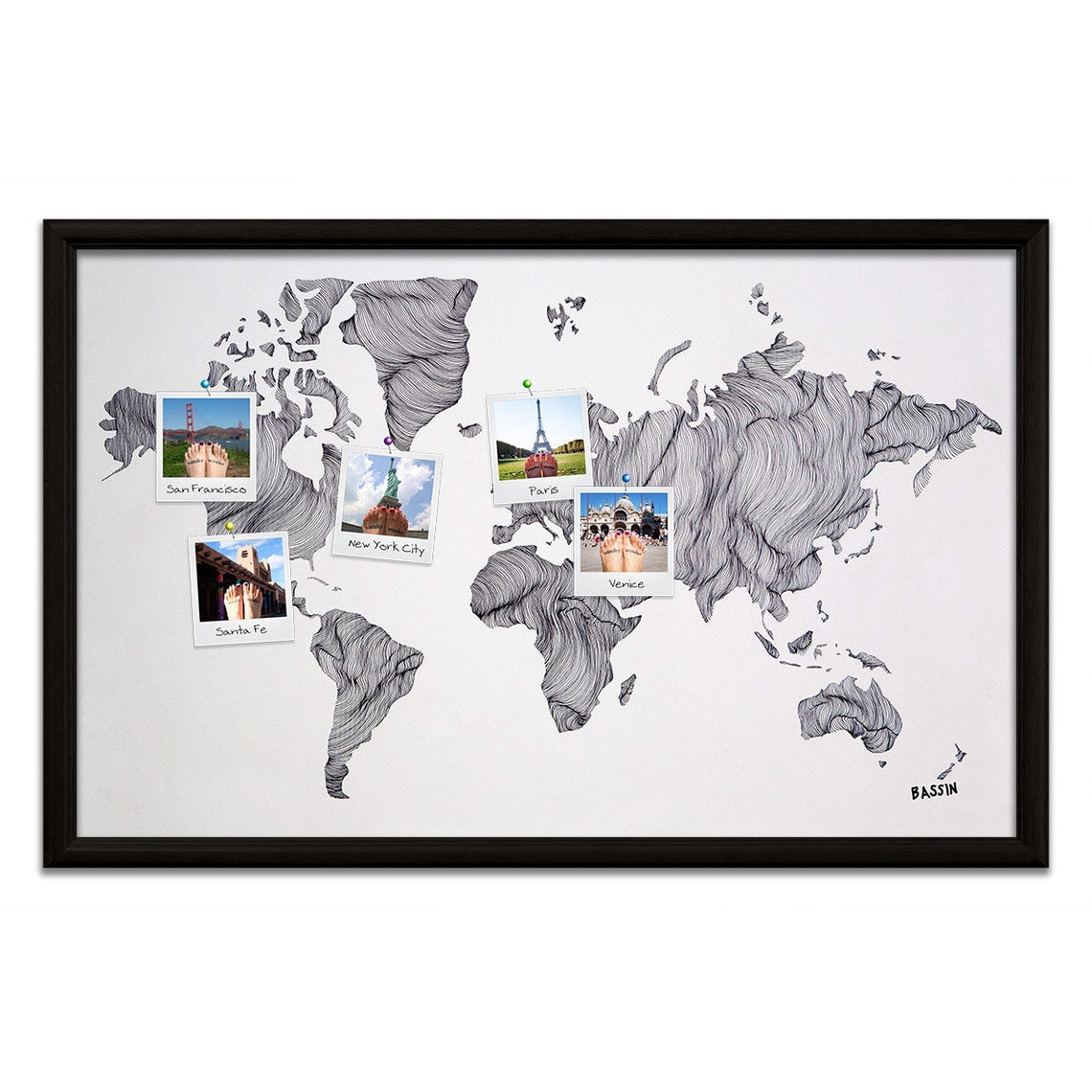 World Map Push Pin Board Whimsical Topography Black and - Etsy