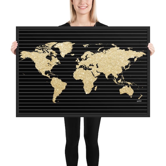 World Map Poster Framed Gold Glitter on Black Pinstripes | Etsy