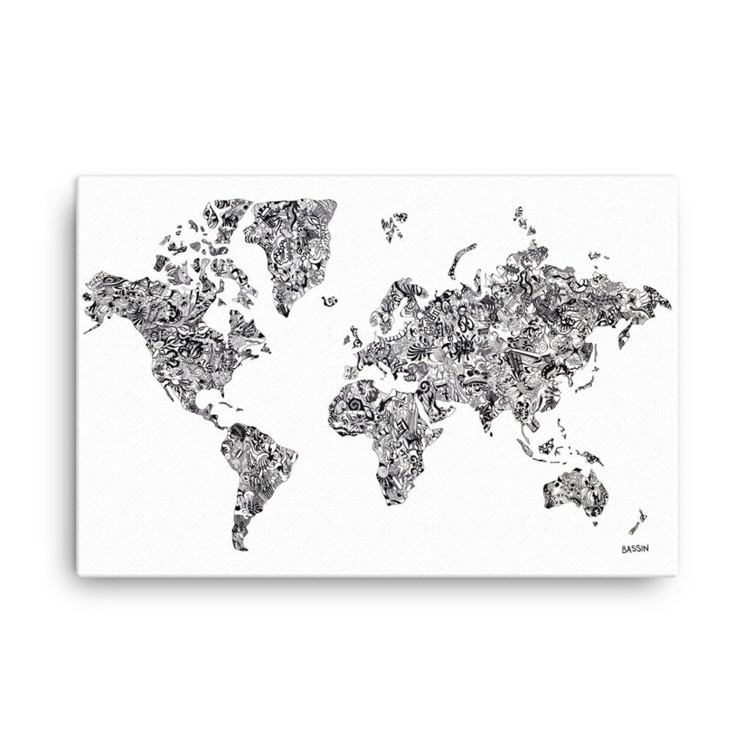 World Map Canvas • Creative Mind Doodle Black and White Zentangle Art ...