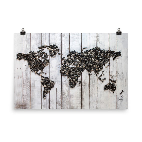 World Map Poster River Stone Rocks on Rustic White Painted - Etsy