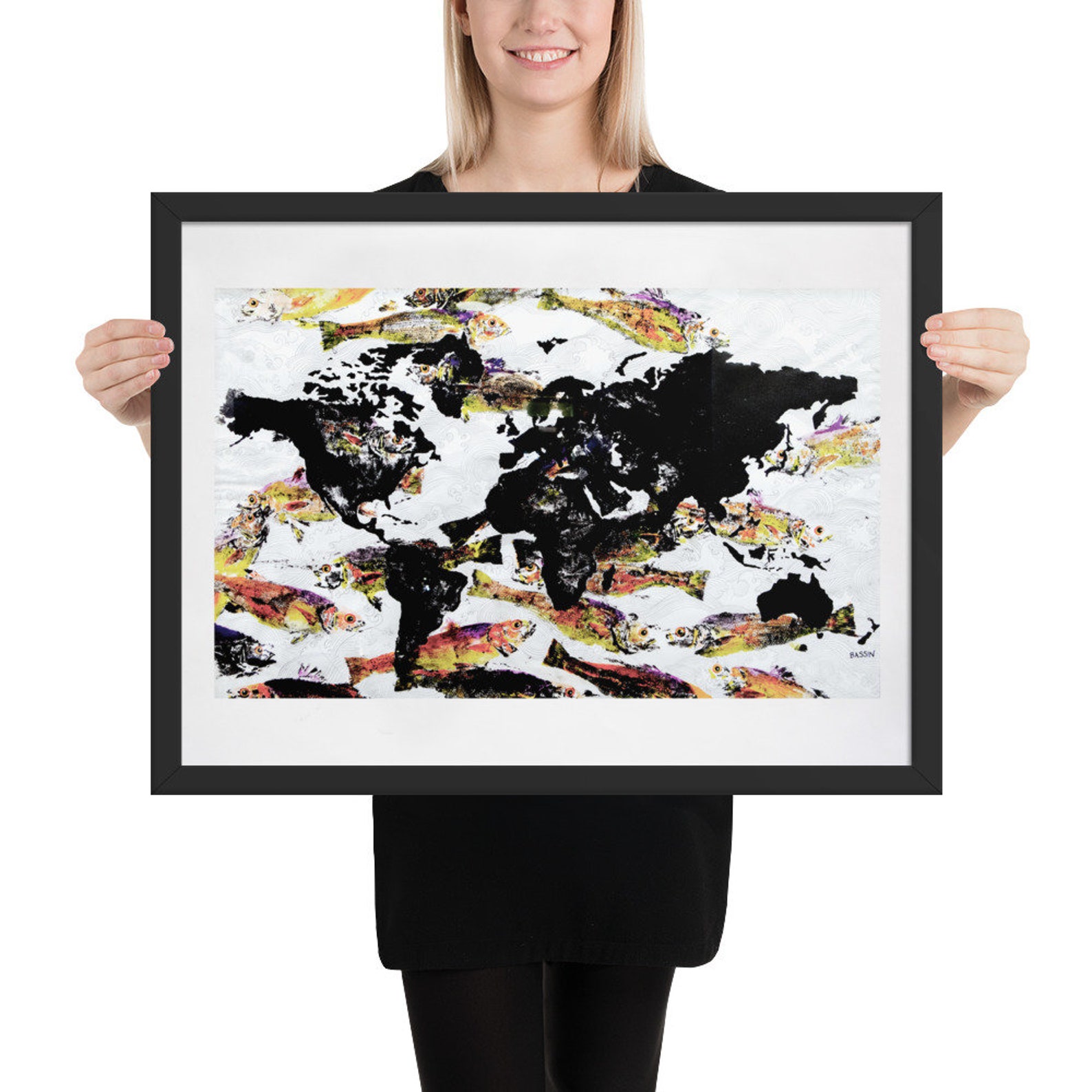 World Map Framed Poster • Gyotaku Japanese Fish Print Mixed Media and ...