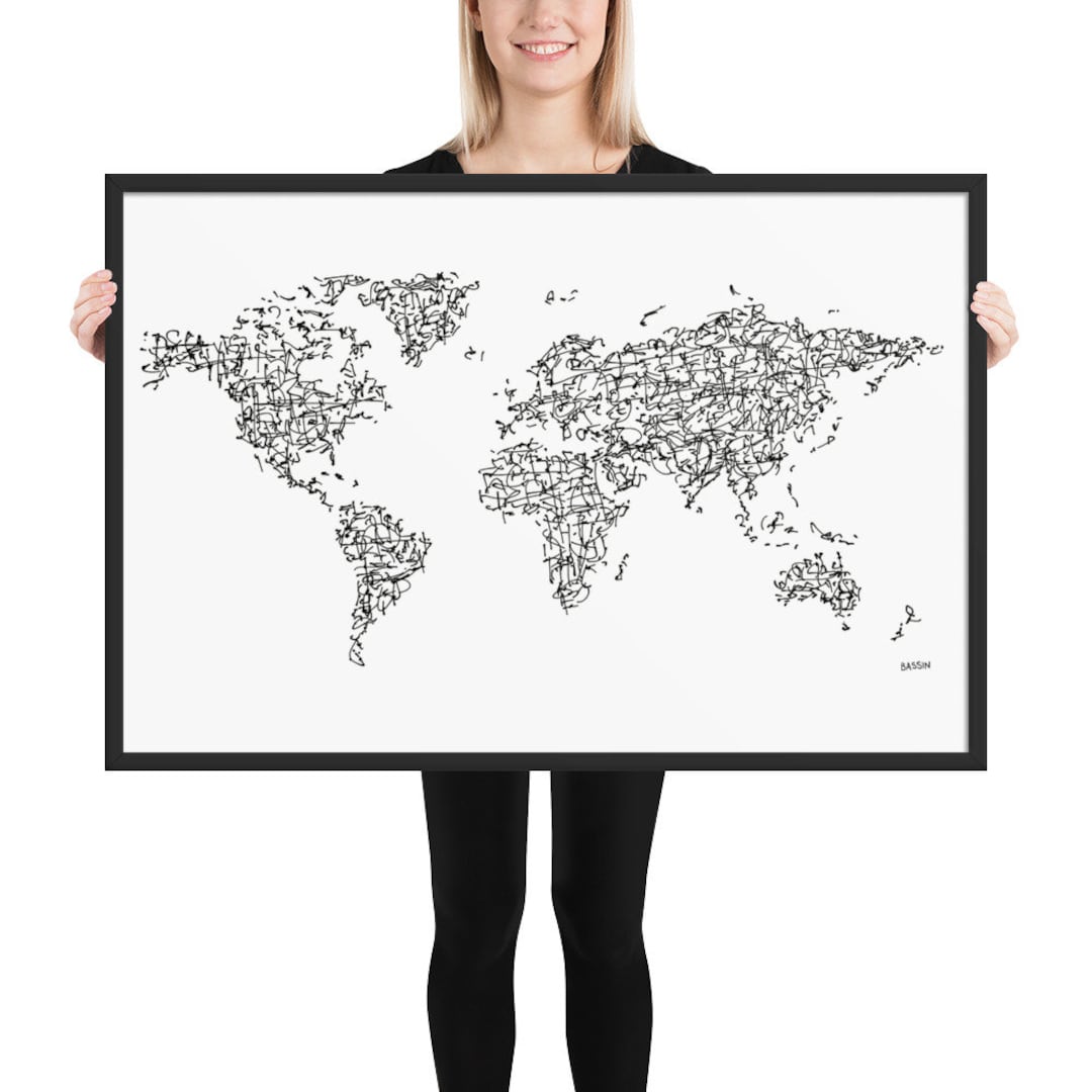 World Map Poster Framed • Kanji Calligraphy Black and White Ink Print ...