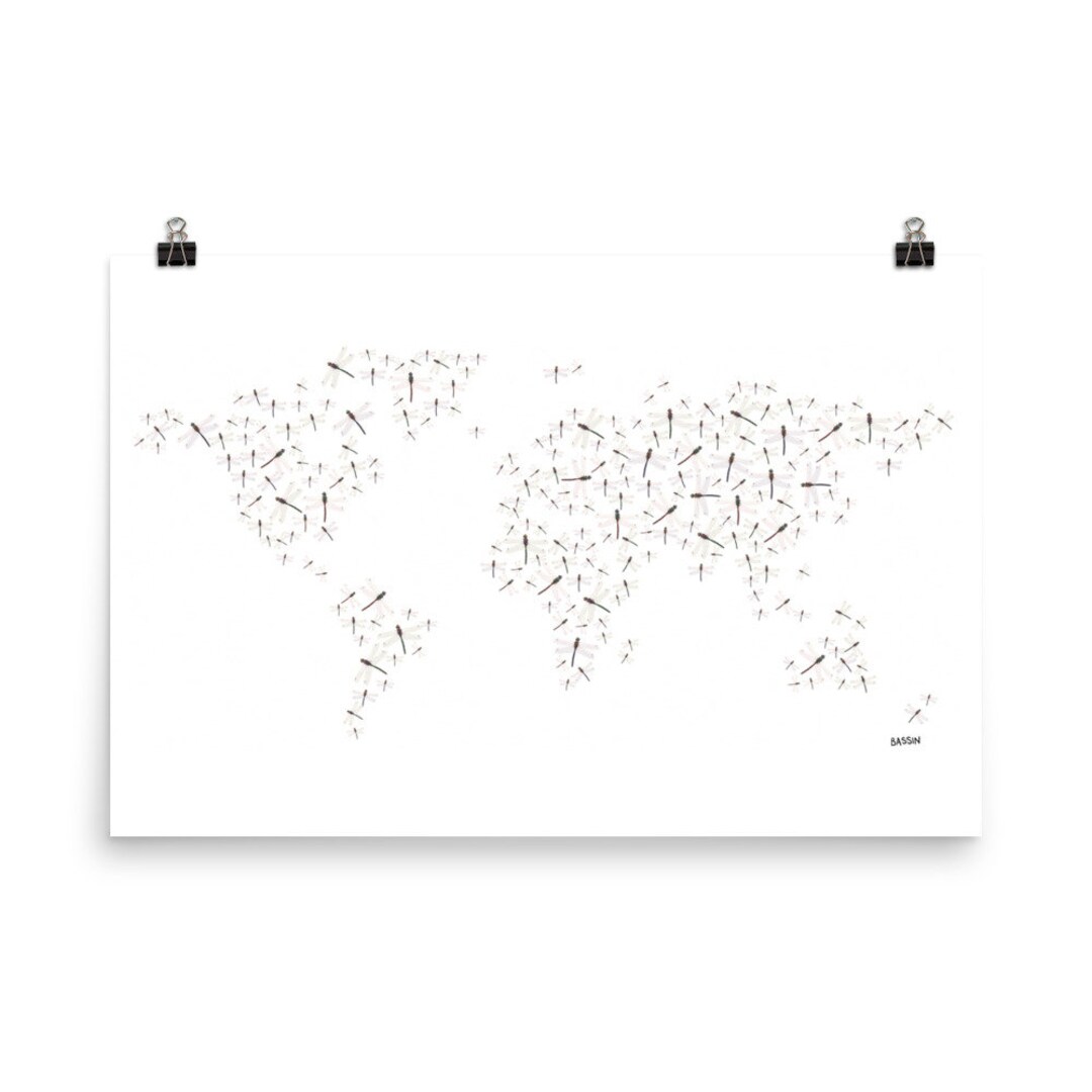 World Map Poster • Dragonflies in Flight on White - Etsy