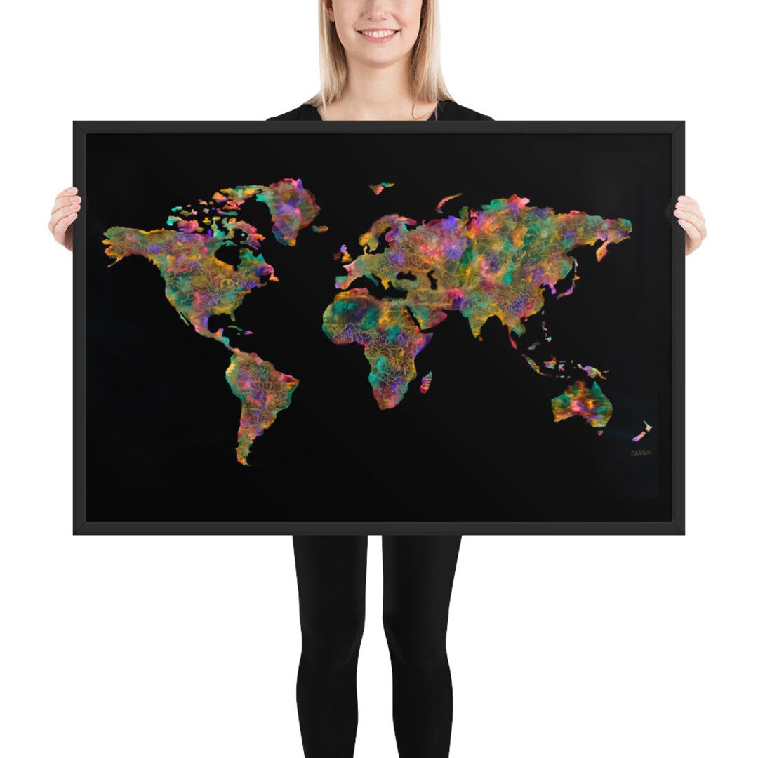 World Map Poster Framed • Glowing River Systems on Black - Etsy