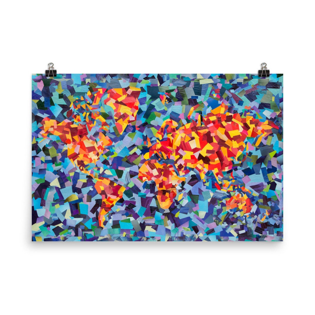 World Map Poster • Recycled Paper Collage in Cool and Warm Colors - Etsy