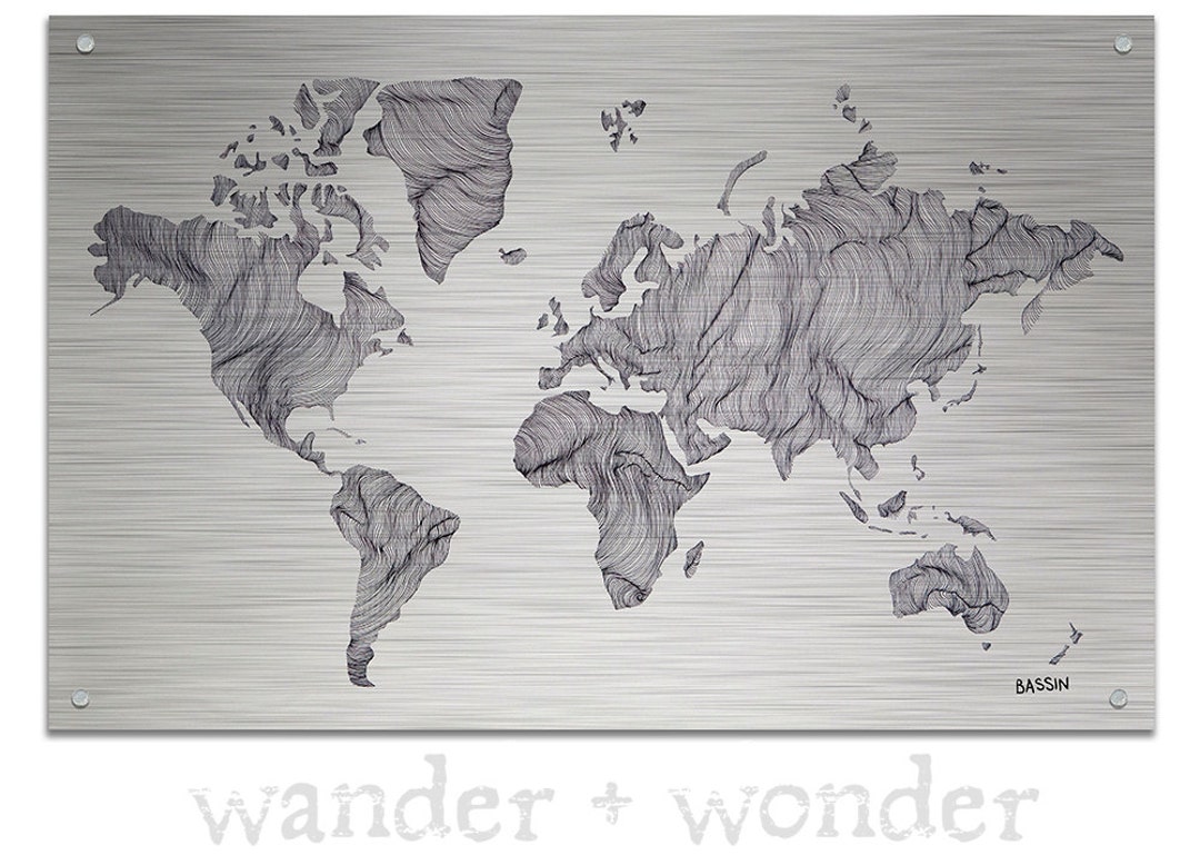 World Map on Aluminum Metal • Topography - Etsy