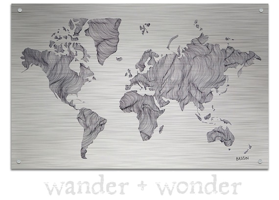 World Map on Aluminum Metal Topography - Etsy