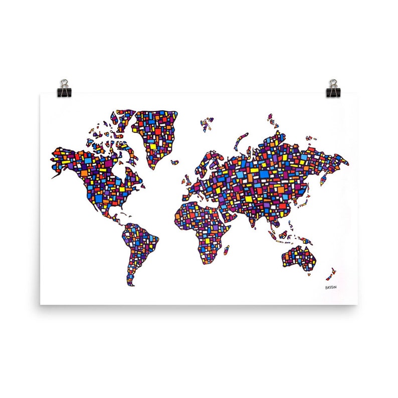 World Map Poster Inspired by Mondrian Geometric Art - Etsy