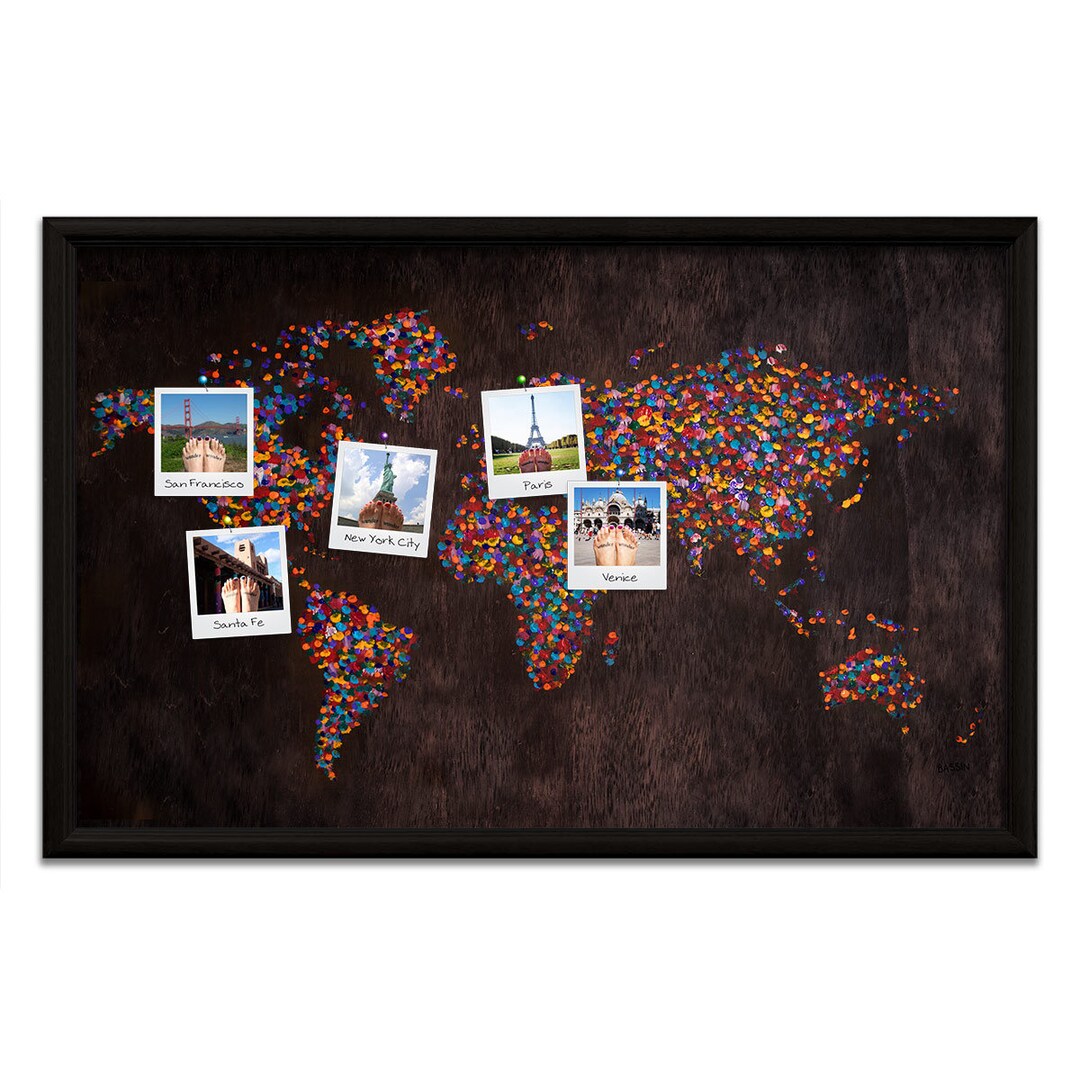 World Map Push Pin Board • Colorful Red, Blue and Yellow Paint Spots on ...