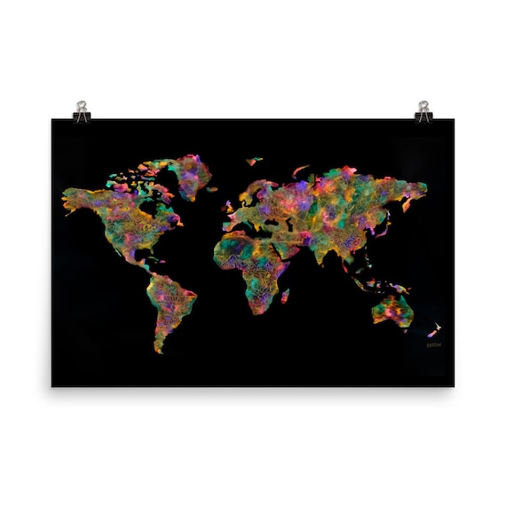 World Map Poster Glowing River Systems on Black | Etsy