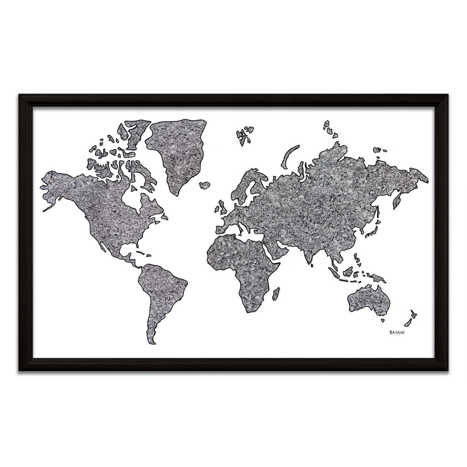World Map Push Pin Board • Black and White Ink Interconnected Zentangle ...