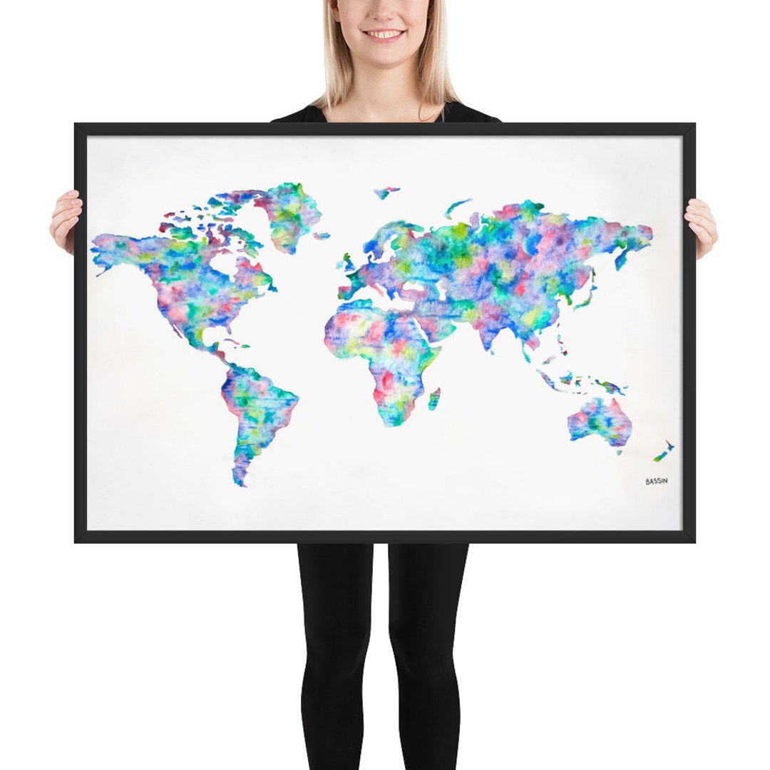 World Map Poster Framed • Blue Green Watercolor Painting Art - Etsy