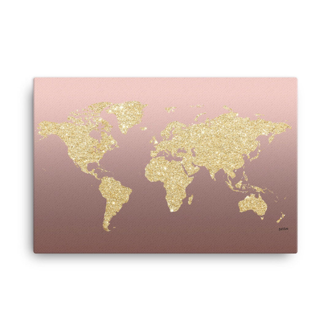 World Map Canvas • Gold Glitter on Rose Gold - Etsy