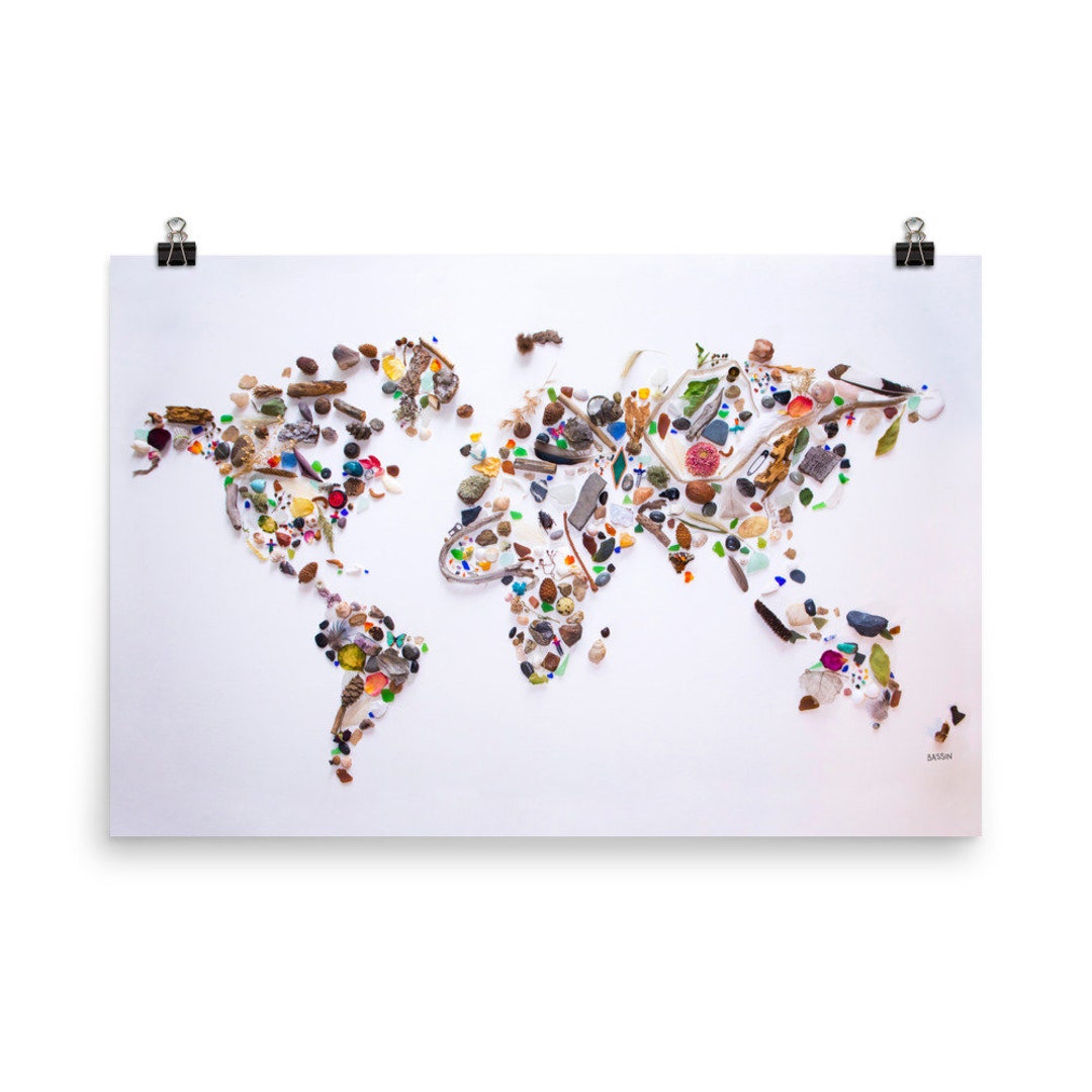 World Map Poster • Tiny Found Objects : Feathers, Dragonflies, Seaglass ...