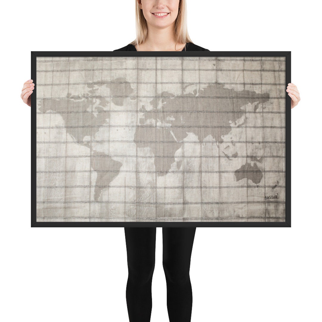 World Map Poster Framed • Rustic Neutral Beige Linen Art - Etsy