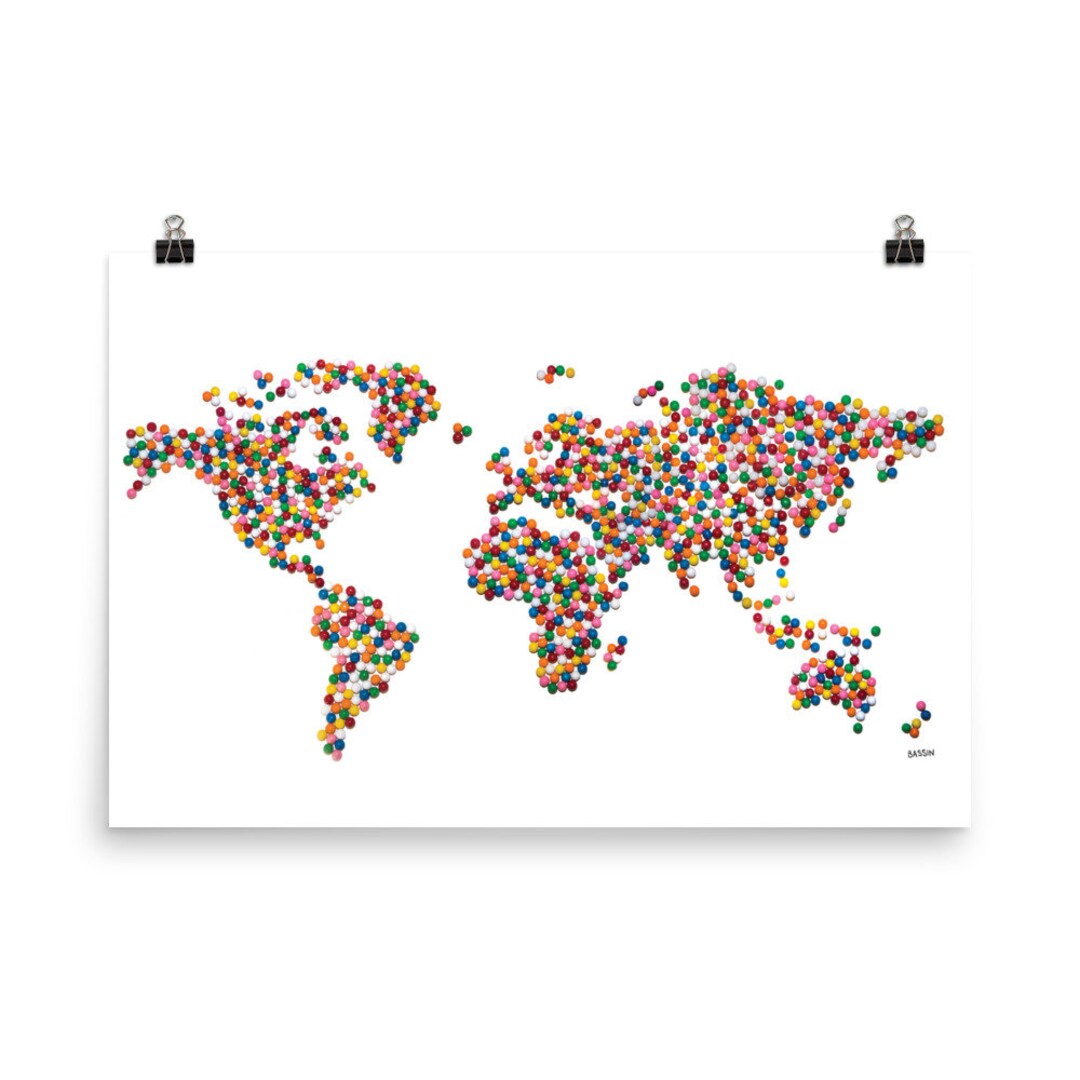 World Map Poster • Rainbow of Colorful Gumball Candy Art - Etsy
