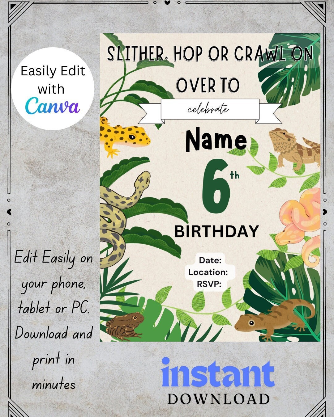 Editable Reptile Birthday Invitation Printable Reptile Invite Canva ...