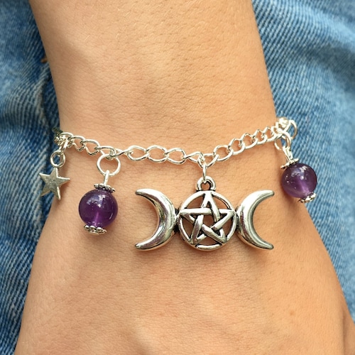 Triple Moon Amethyst Necklace Pentagram Necklace Pagan - Etsy