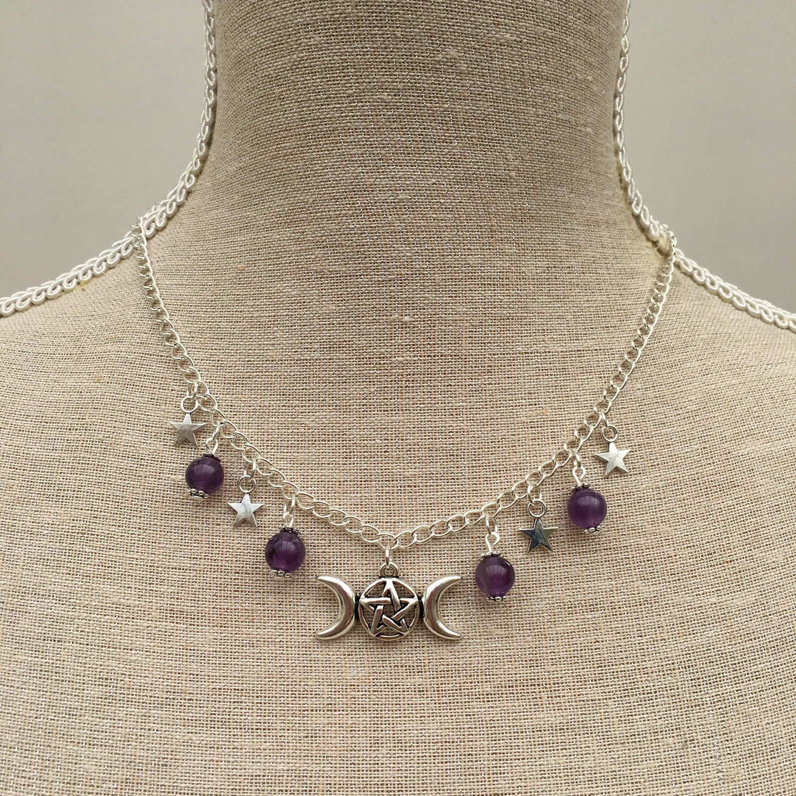 Triple Moon Amethyst Necklace Pentagram Necklace Pagan - Etsy