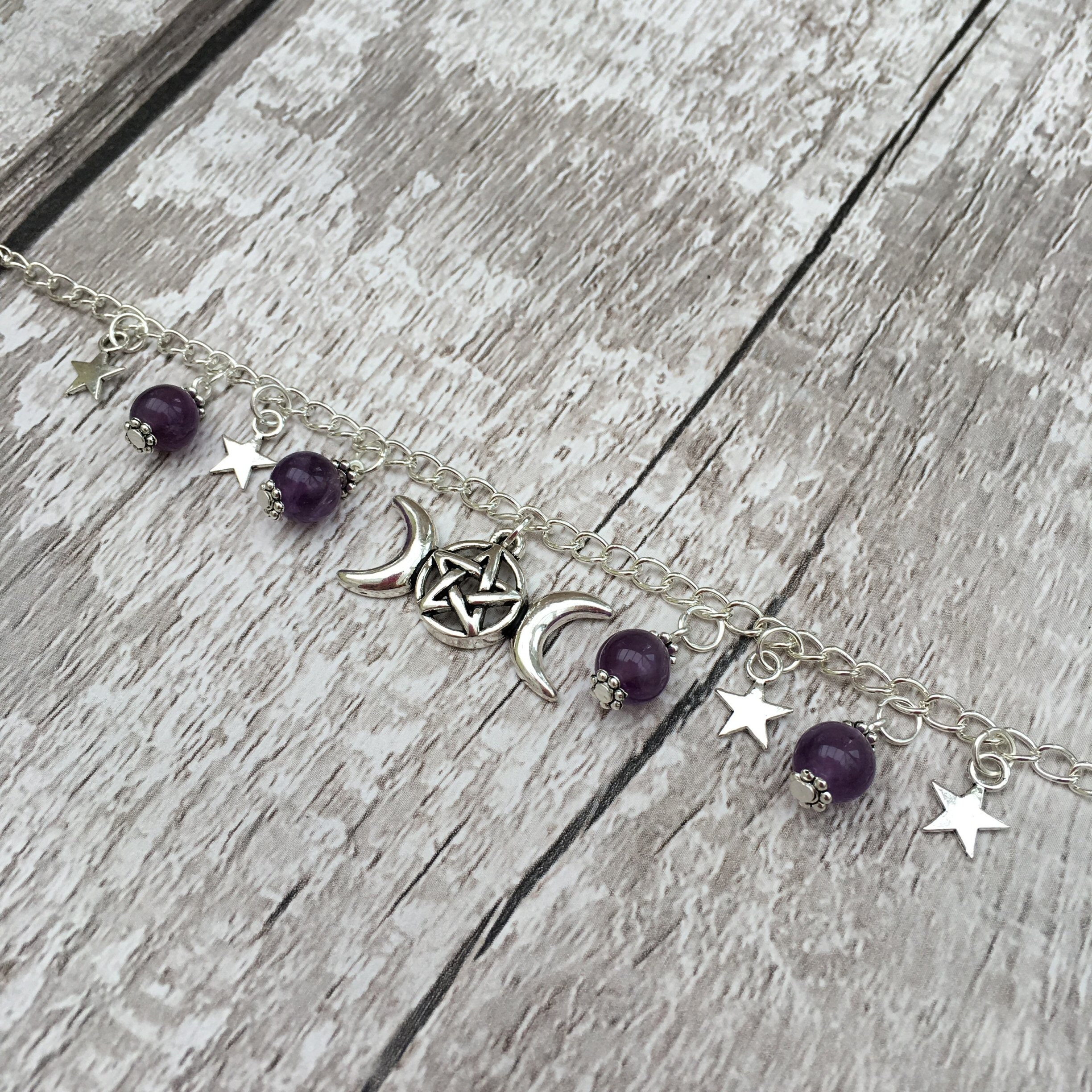 Triple Moon Amethyst Necklace Pentagram Necklace Pagan - Etsy