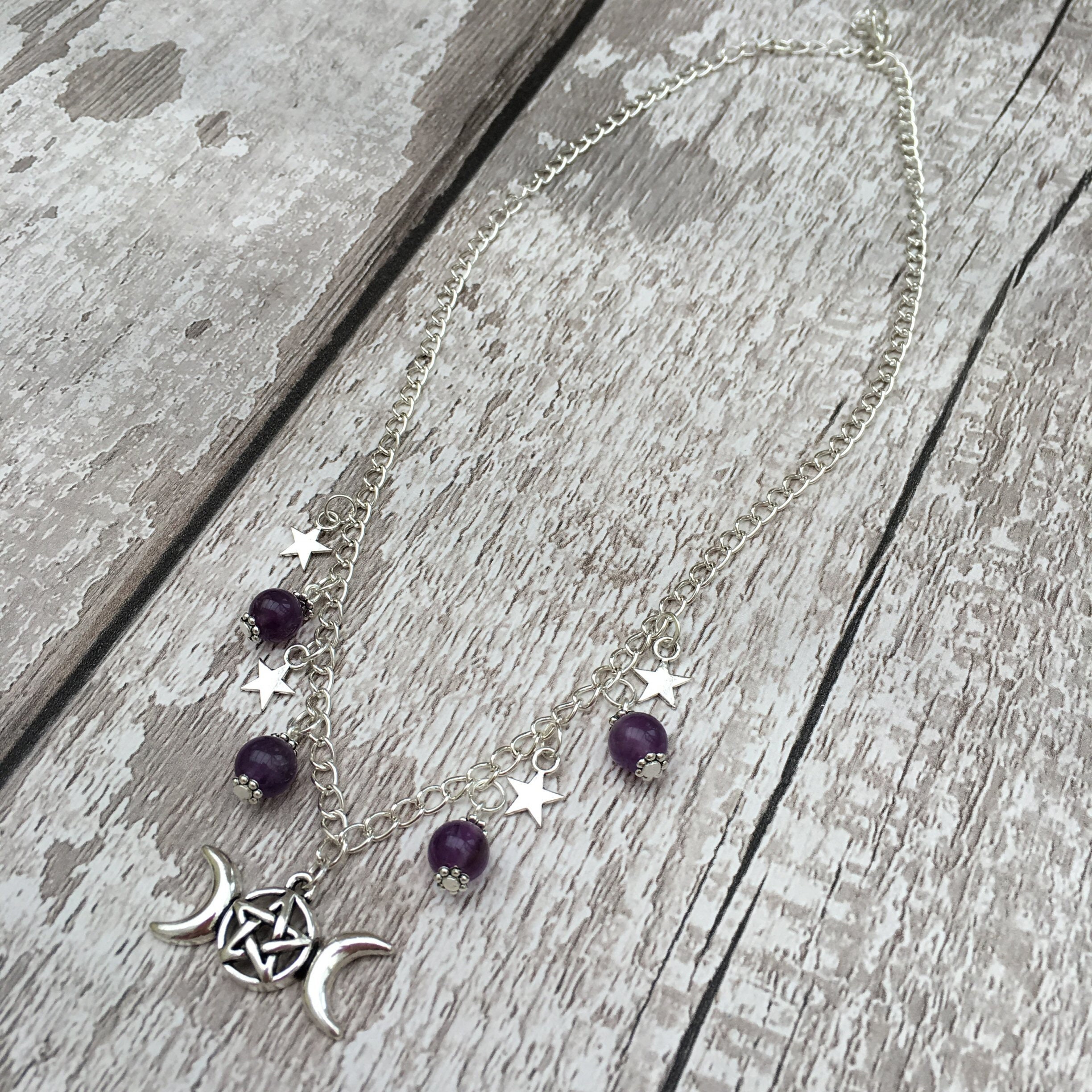 Triple Moon Amethyst Necklace Pentagram Necklace Pagan - Etsy