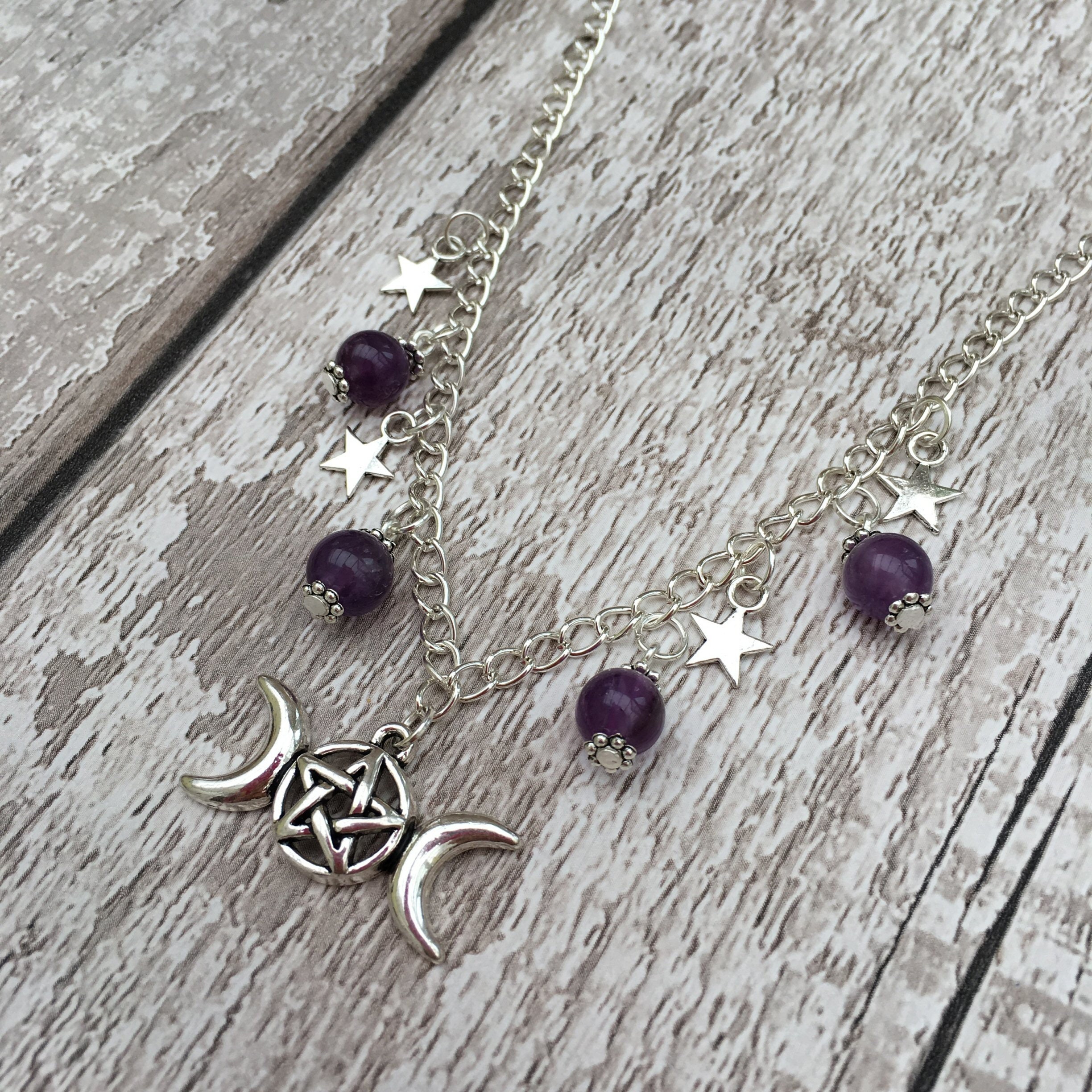 Triple Moon Amethyst Necklace Pentagram Necklace Pagan | Etsy UK