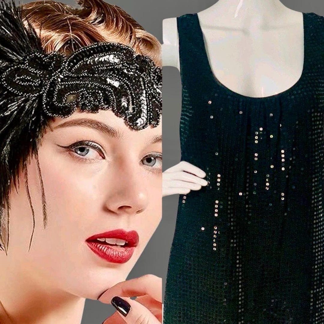 Evening Dress 1920s Flapper Black Sequin Gothic Prom Dress Vintage Ball ...